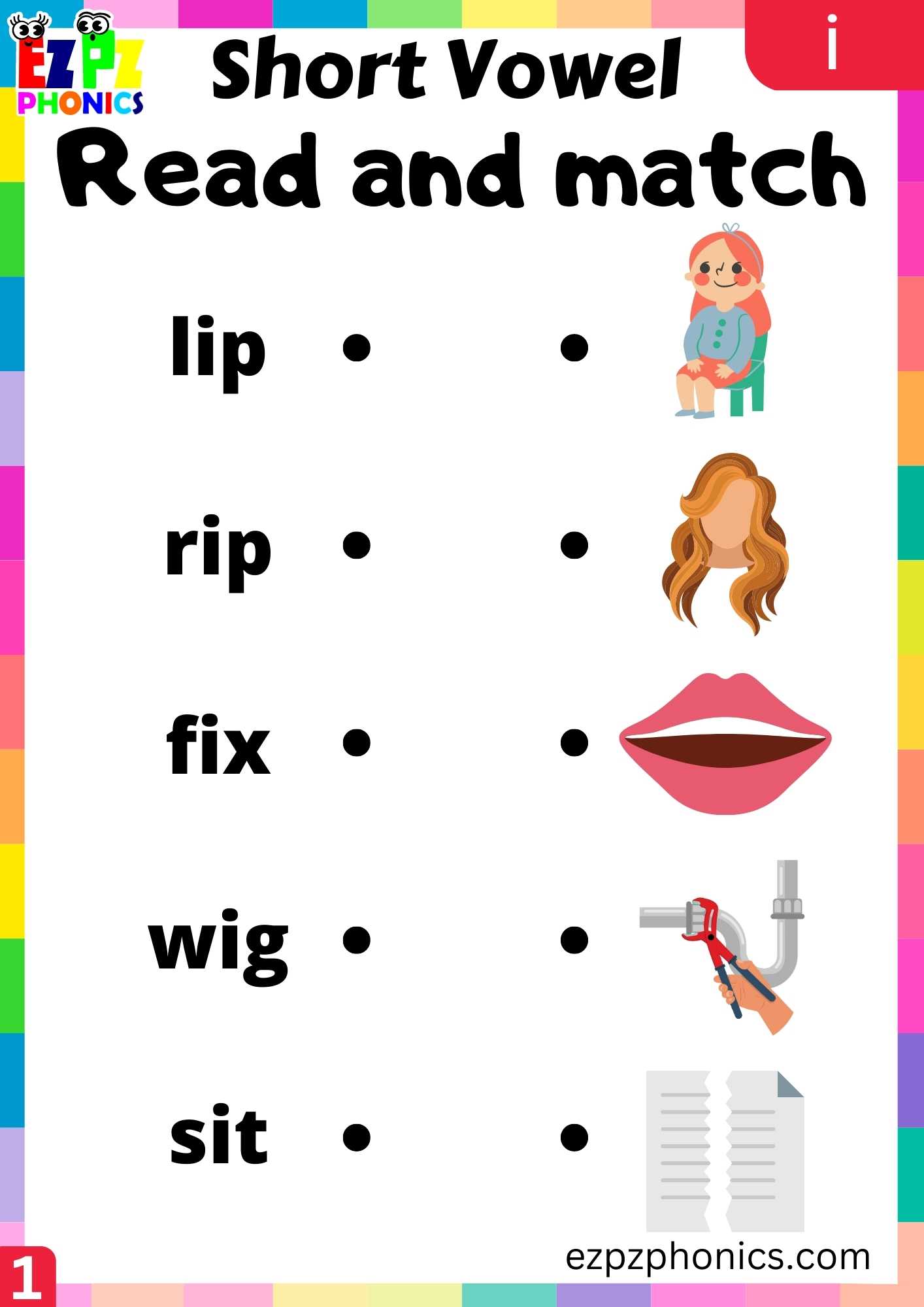 Group1 I Words Read And Match Short Vowel CVC Words Worksheet ...