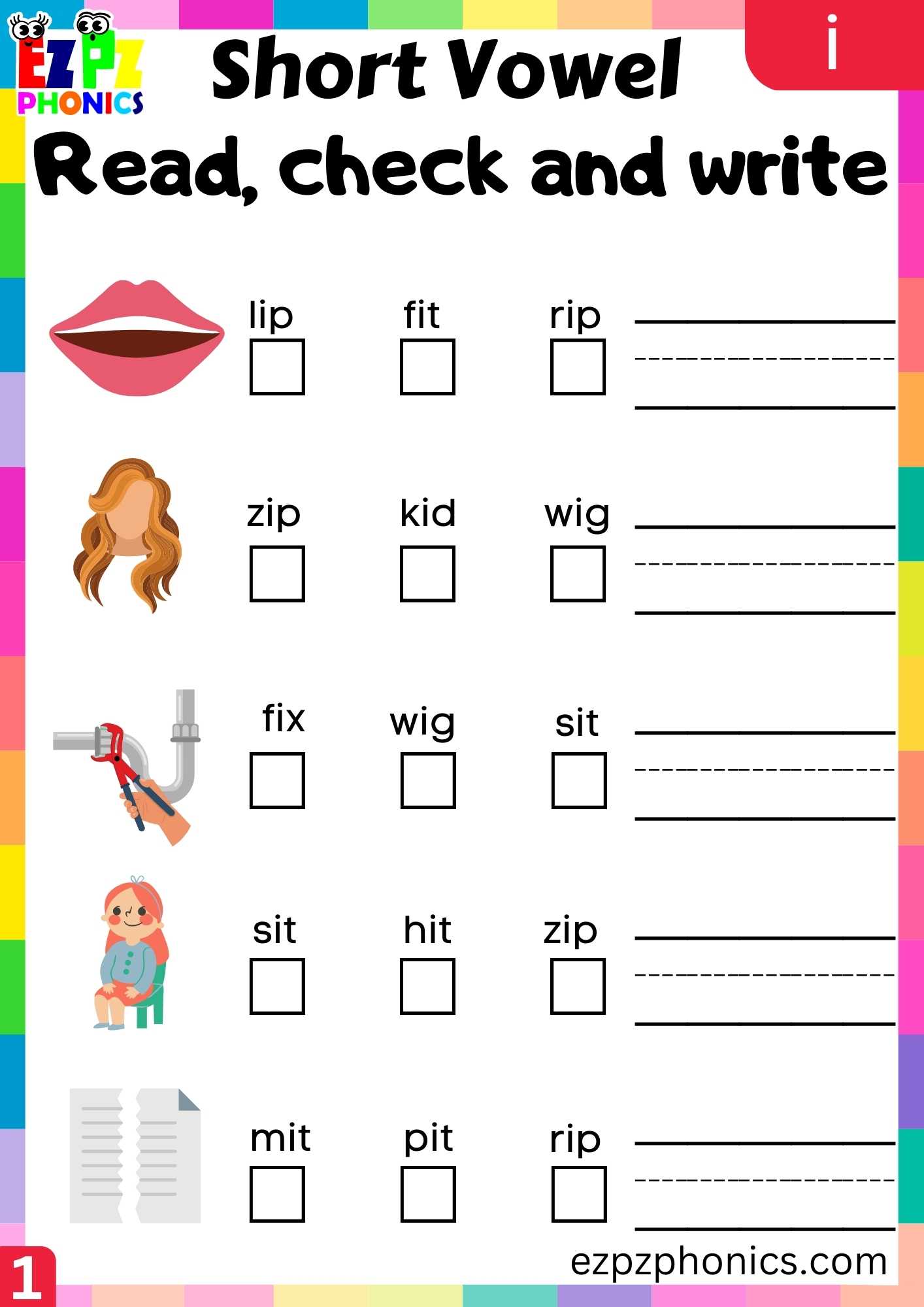 Group1 I Words Read, Check And Write Short Vowel CVC Words Worksheet ...