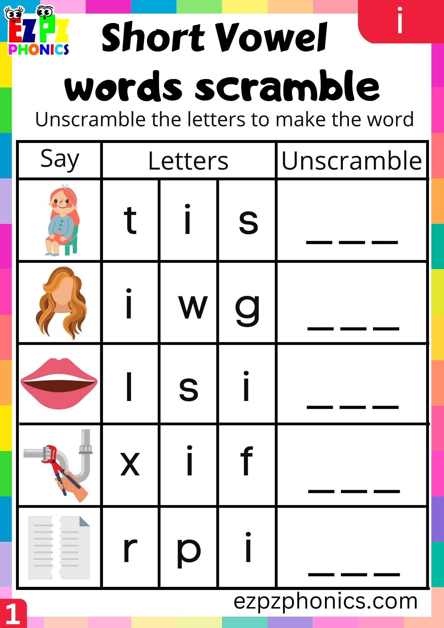 Group1 I Words Words Scramble Short Vowel CVC Words Worksheet ...