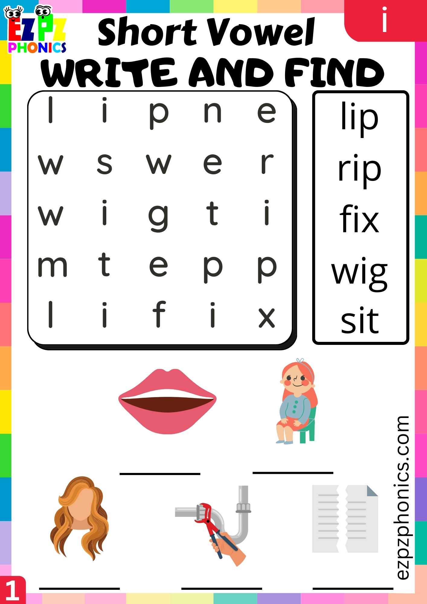 Group1 I Words Write And Find Short Vowel CVC Words Worksheet ...