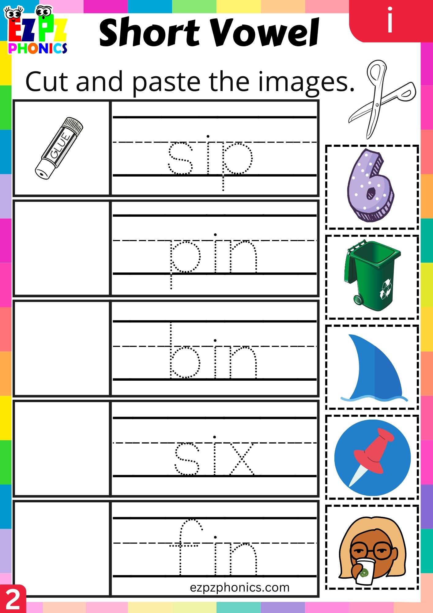 Group2 I Words Cut And Paste The Images Short Vowel CVC Words Worksheet ...