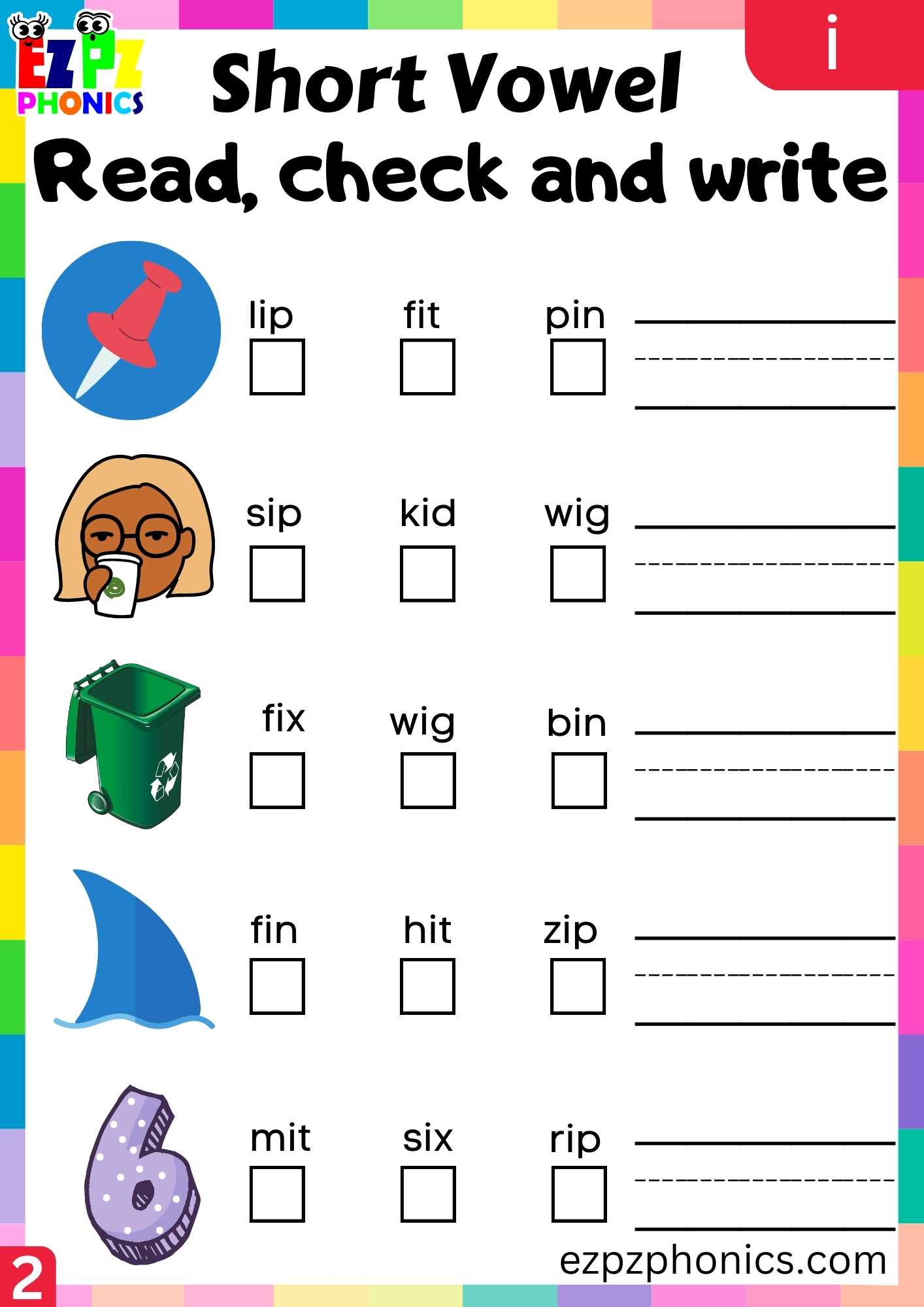 Group2 I Words Read, Check And Write Short Vowel CVC Words Worksheet ...