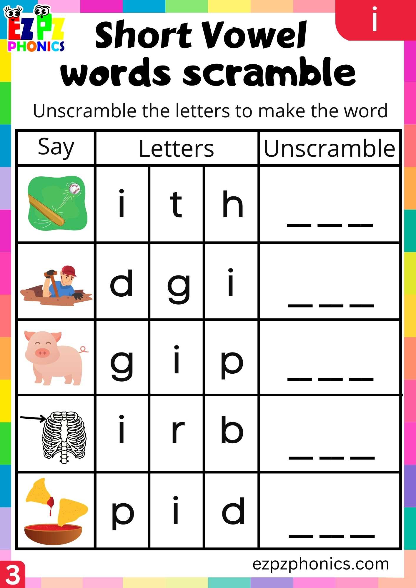Group3 I Words Words Scramble Short Vowel CVC Words Worksheet ...